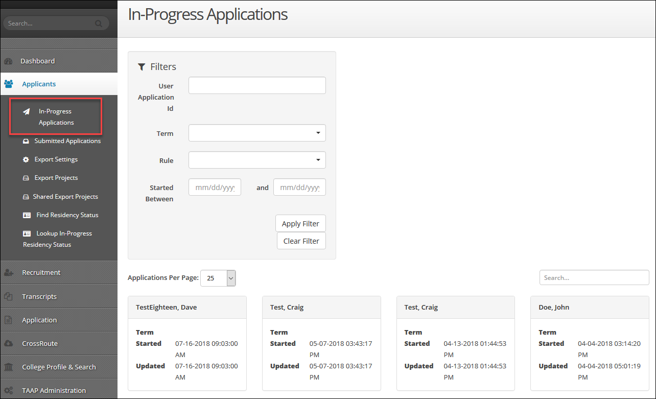 In-Progress Applications Main Screen – CFNC Campus Help Center