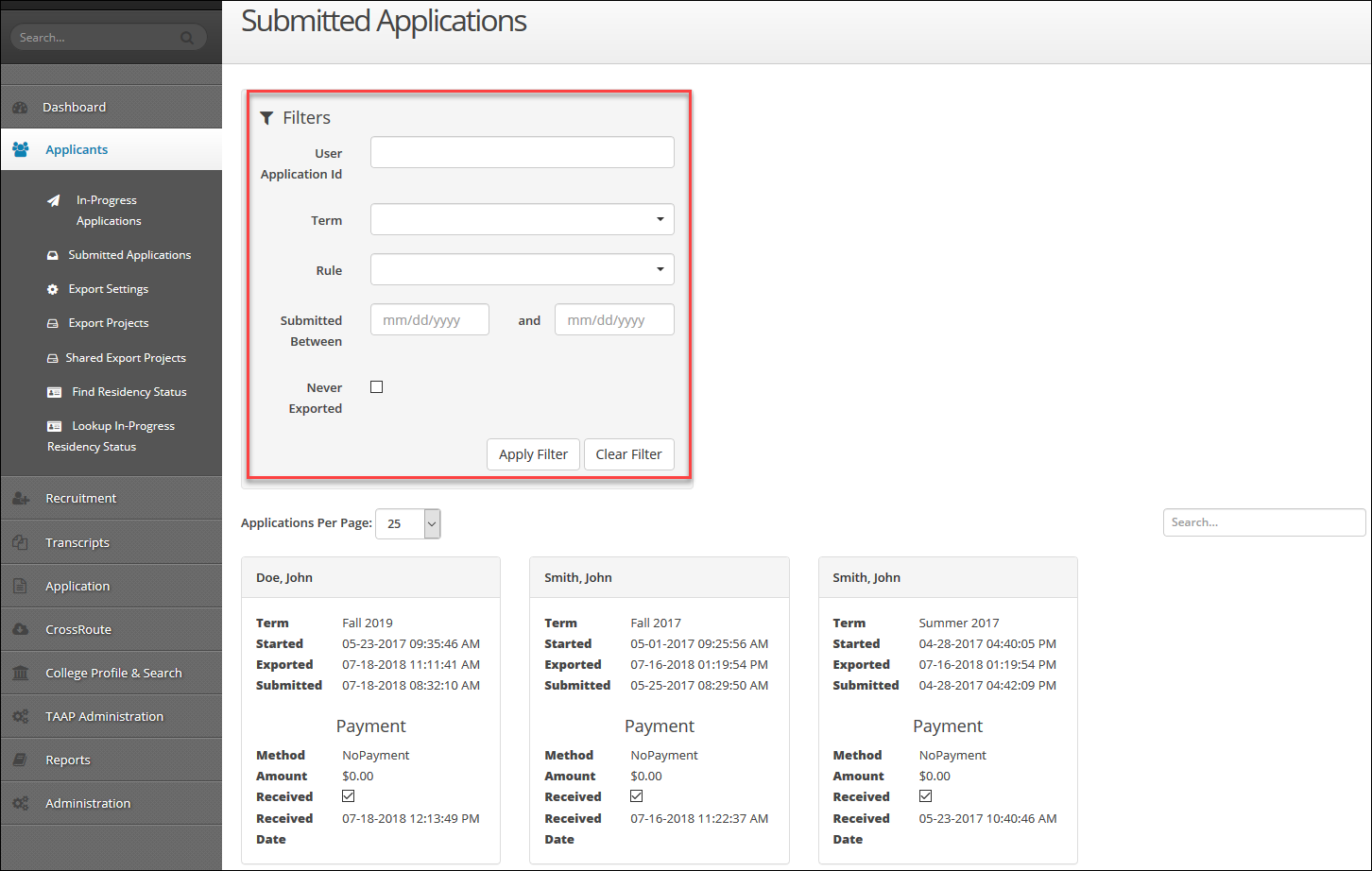 Submitted Applications Main Screen – CFNC Campus Help Center