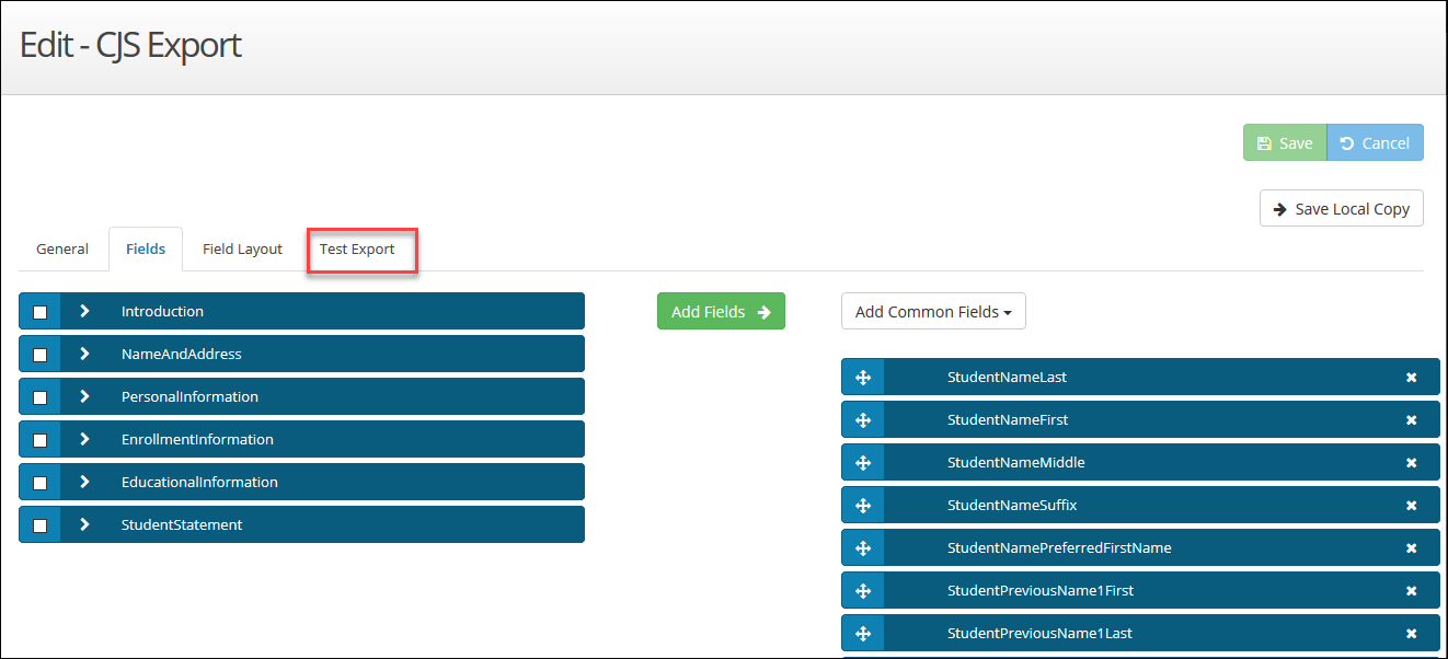 Export Settings Field Tab – CFNC Campus Help Center
