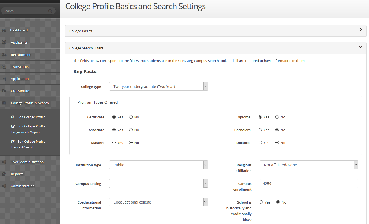 Updating College Search Filters – CFNC Campus Help Center